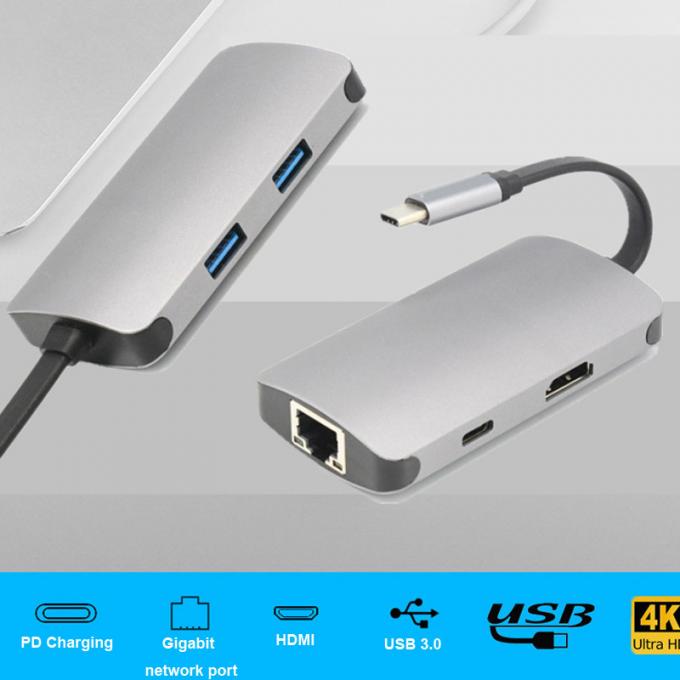 Aluminum 5 In 1 RJ45 Gigabit Ethernet Powered USB C HUB